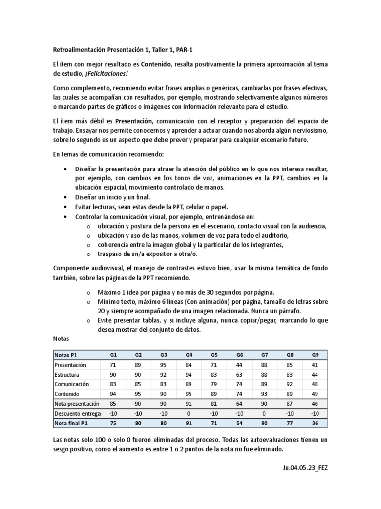 Retroalimentación P1 - T1 - 1S-2023 - PAR-1 - v1 | PDF | Comunicación