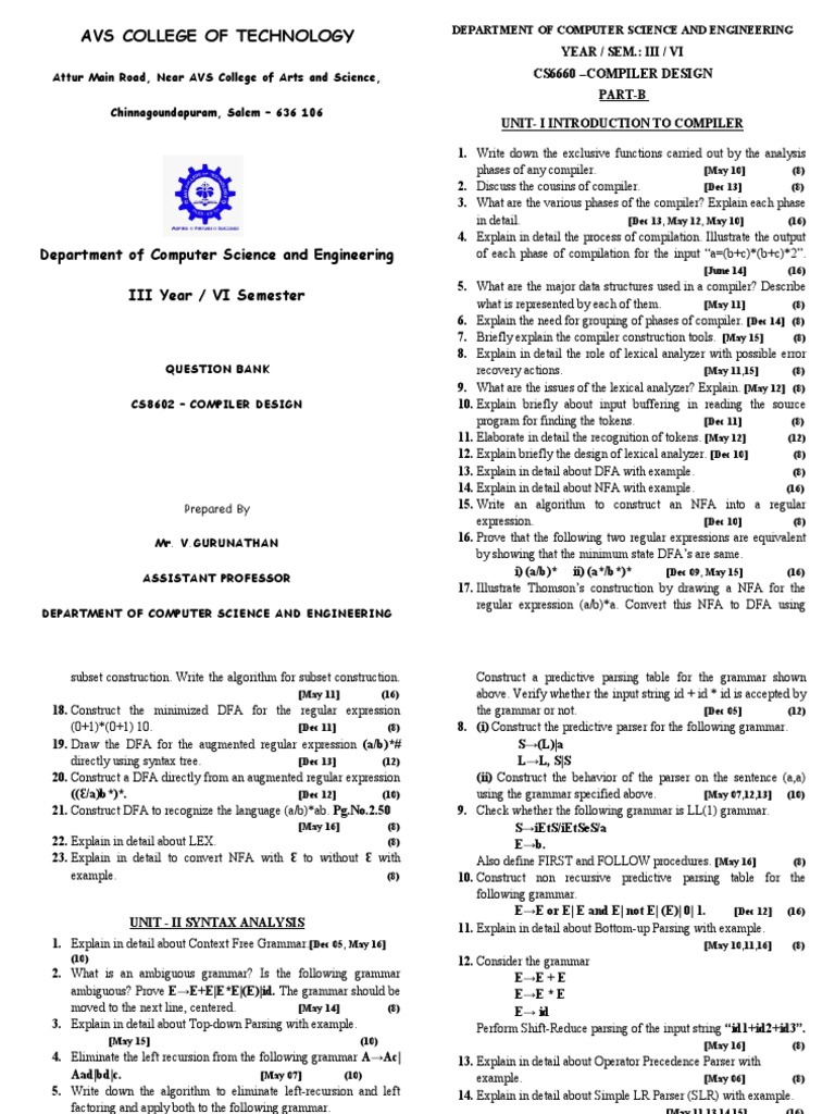 CS8602 Compiler Design Part B - QB | PDF