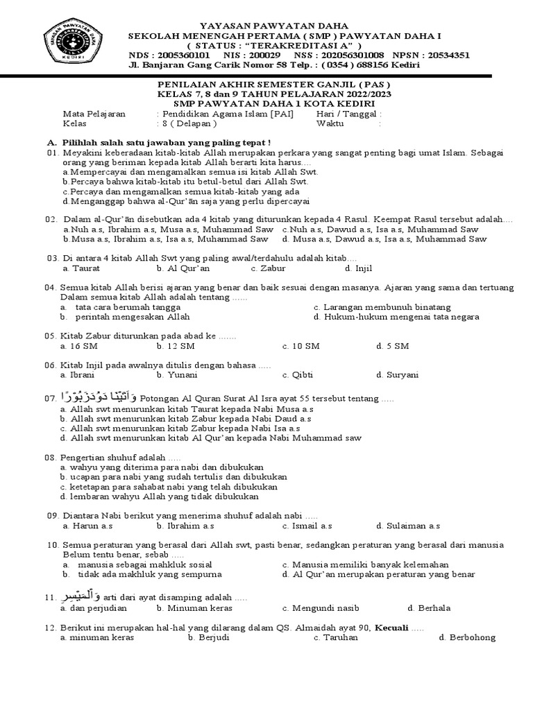SOAL LATIHAN PAI KELAS 8 PAS SMT GANJIL 2022 A | PDF | Agama & Spiritualitas