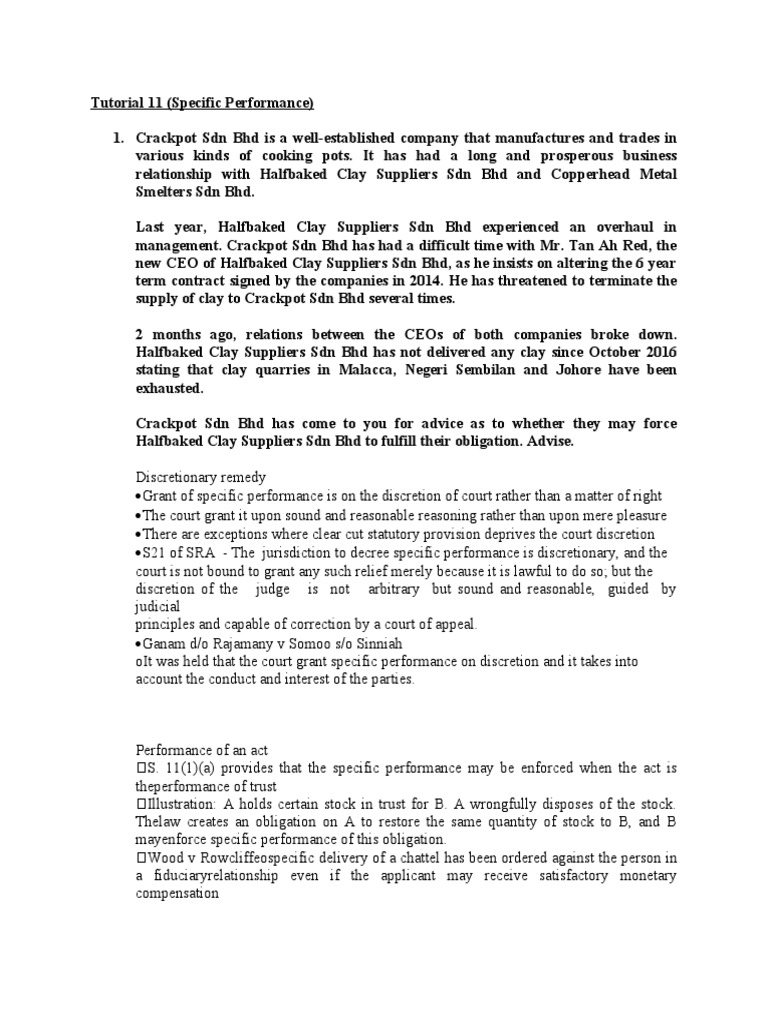 Tutorial 11 (Specific Performance) | PDF | Specific Performance | Legal ...