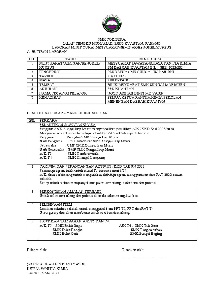 Minit Curai Mesy JKKD Bil 1 2023 | PDF