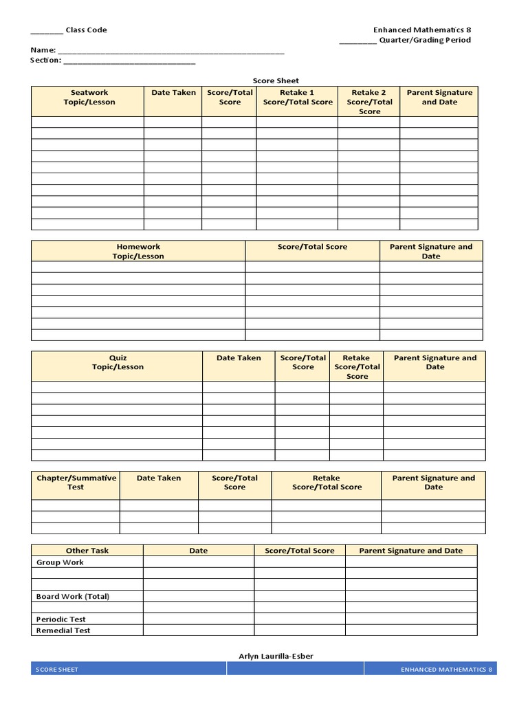 Score Sheet Grade 8 | PDF