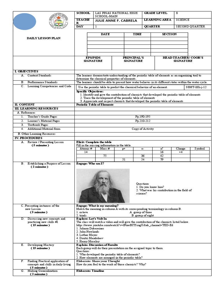Periodic Table of Elements Lesson Plan | PDF | Cognition | Learning