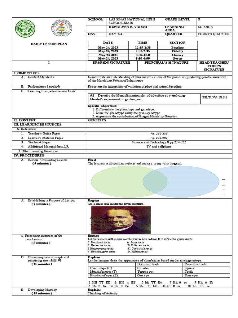 Grade 8 Genetics Lesson Plan | PDF