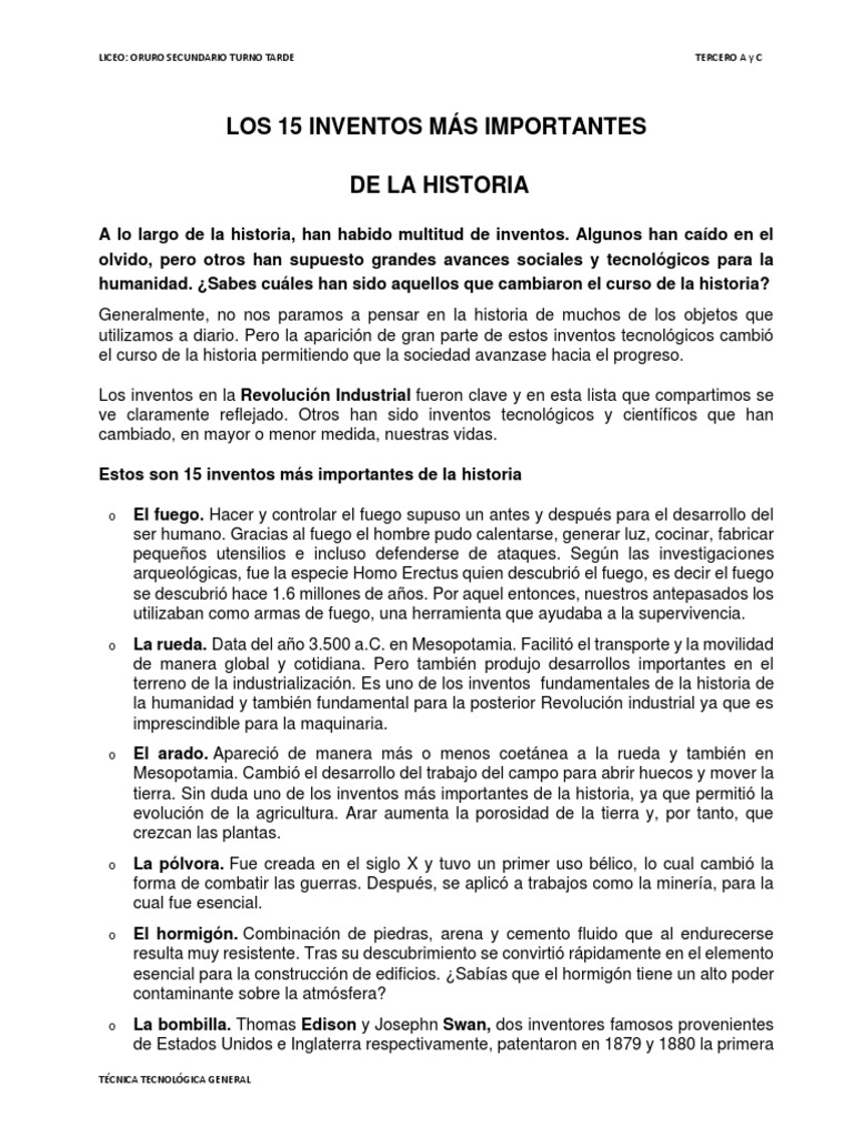 Los 15 Inventos Más Importantes | PDF | Bombilla incandescente | James Watt