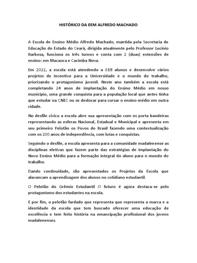 Histórico Da Eem Alfredo Machado | PDF