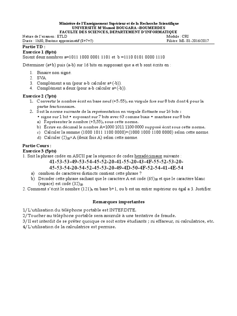 Examen CRI: Calculs Binaires et Codage | PDF