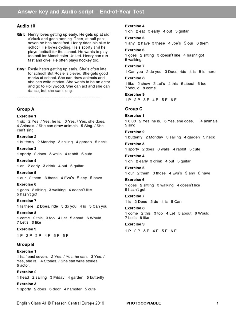 ECA1 - Tests - Answer Key - Audio Script - End-of-Year Test - New2018 | PDF