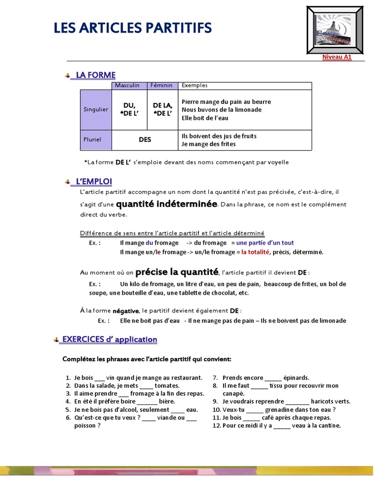 Exercices sur les articles partitifs | PDF | Nourritures | Cuisine