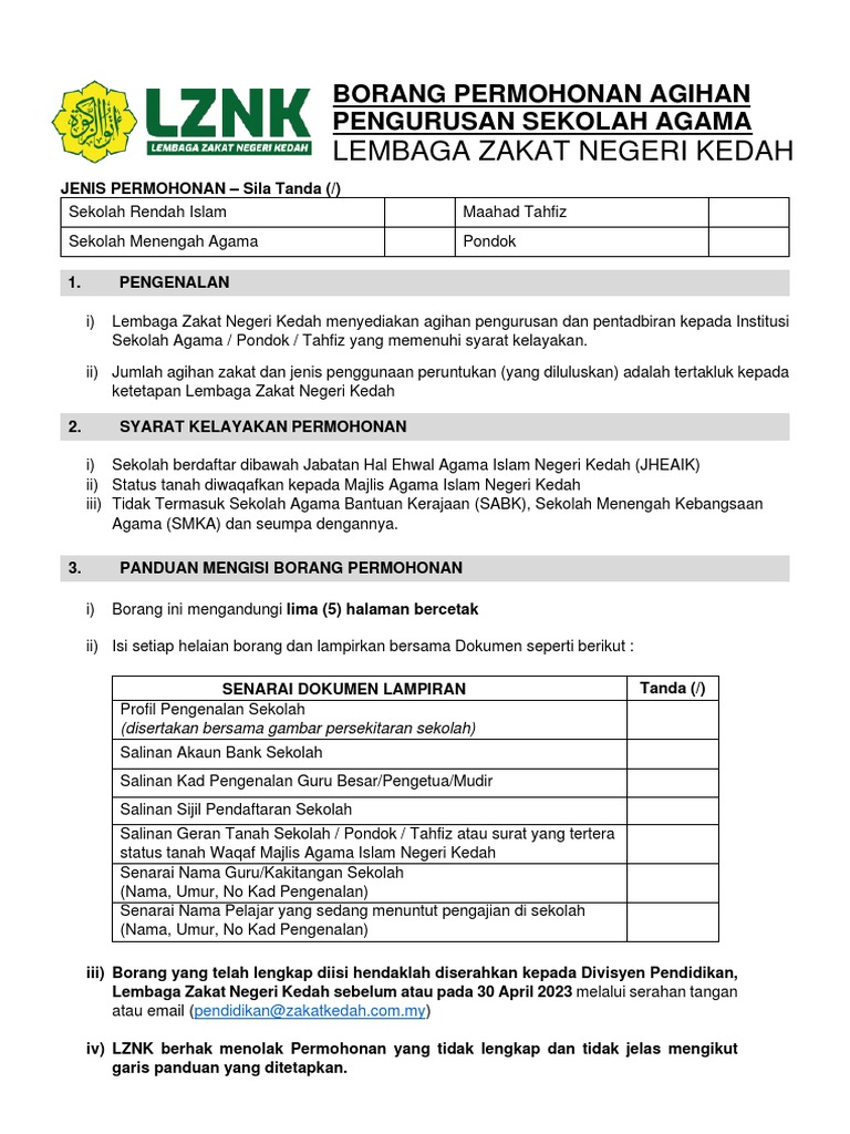 Borang Bantuan Pengurusan Sekolah Agama Nidzomi Lznk | PDF