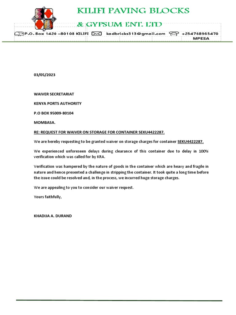 Storage Waiver Letter | PDF