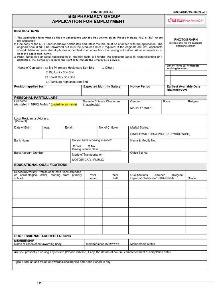 Big Pharmacy Employment Application Form | PDF