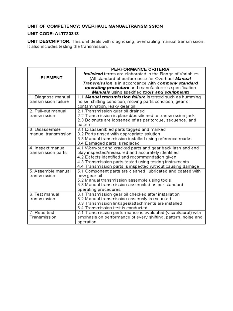 Competency Standard Chris | PDF | Manual Transmission | Gear