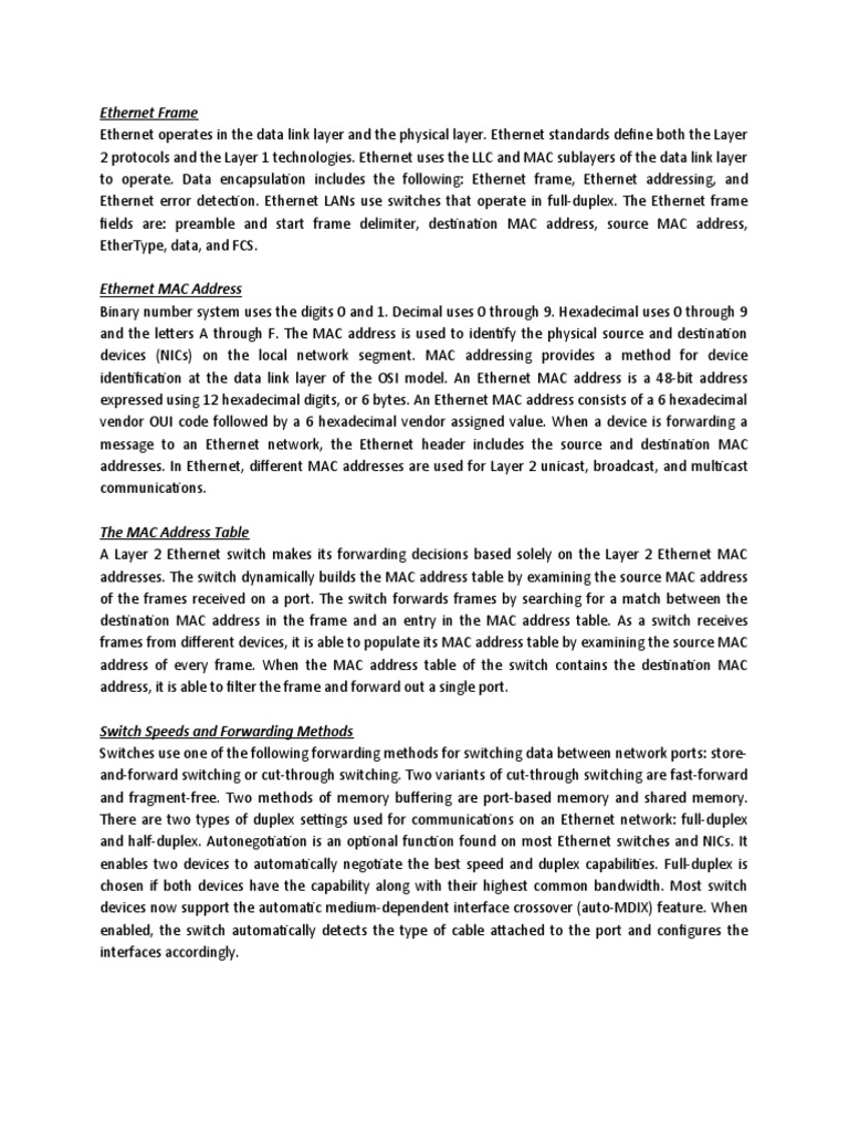 Ethernet Lecture Summary | PDF | Ethernet | Network Switch