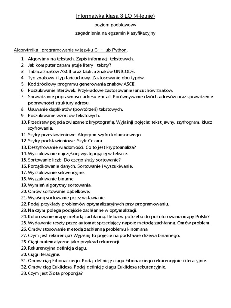 INFORMATYKA Klasa 3 Zagadnienia | PDF