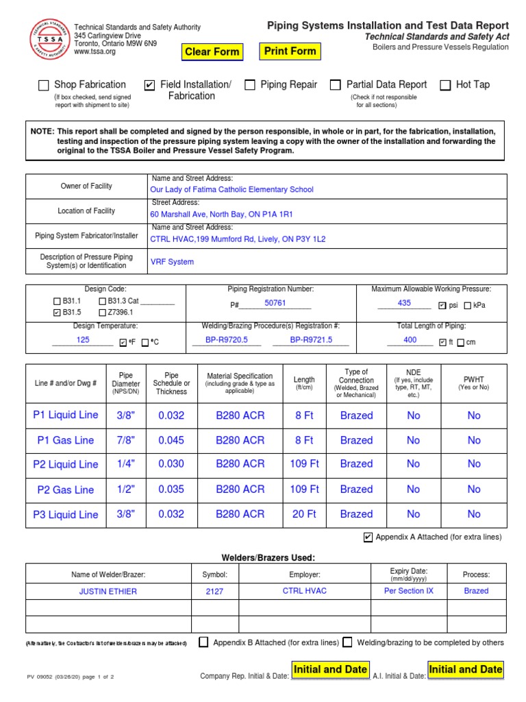 PV 09052 TSSA Piping Systems Installation and Test Data Report Mar ...