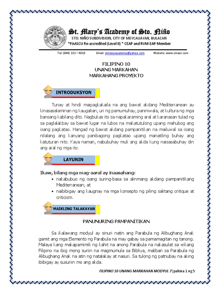 FILIPINO 10 Unang Markahang Proyekto | PDF