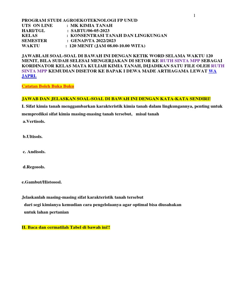 Soal UTS Kimia Tanah Online 2023 | PDF