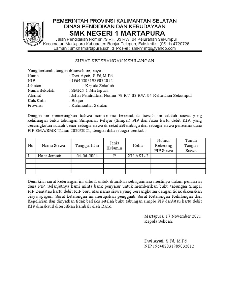 Surat Keterangan Kehilangan Buku Rek | PDF