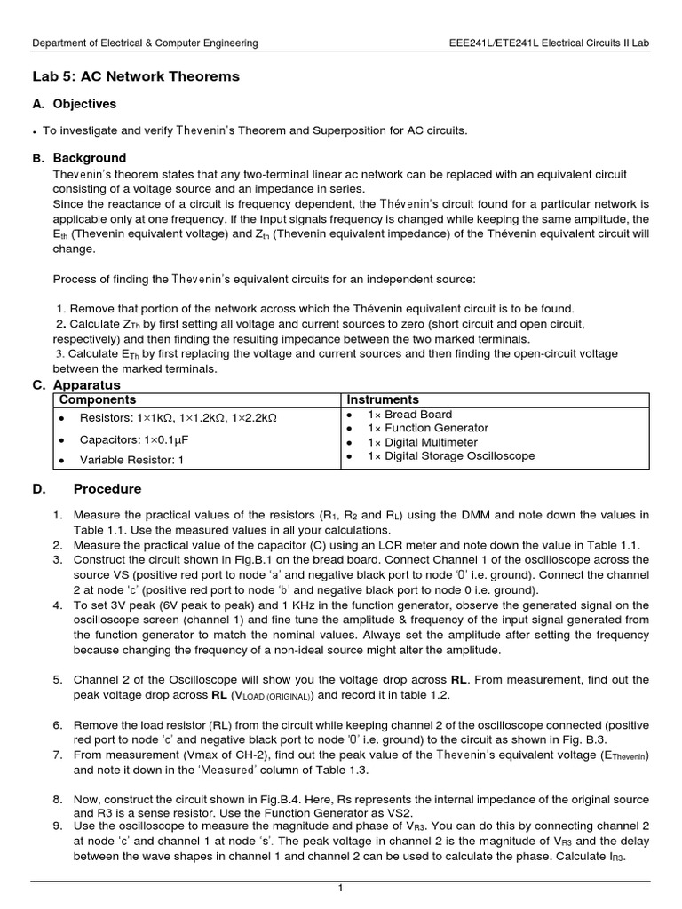 EEE241L - Lab 5 - AC Network Theorems (Thevenin) | PDF | Electrical Impedance | Electrical Network