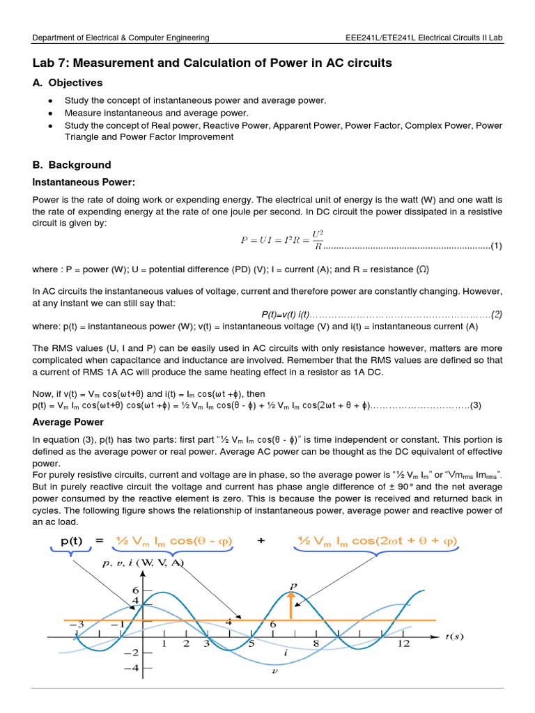 EEE241L - Lab 7 - AC Power | PDF | Ac Power | Electrical Impedance