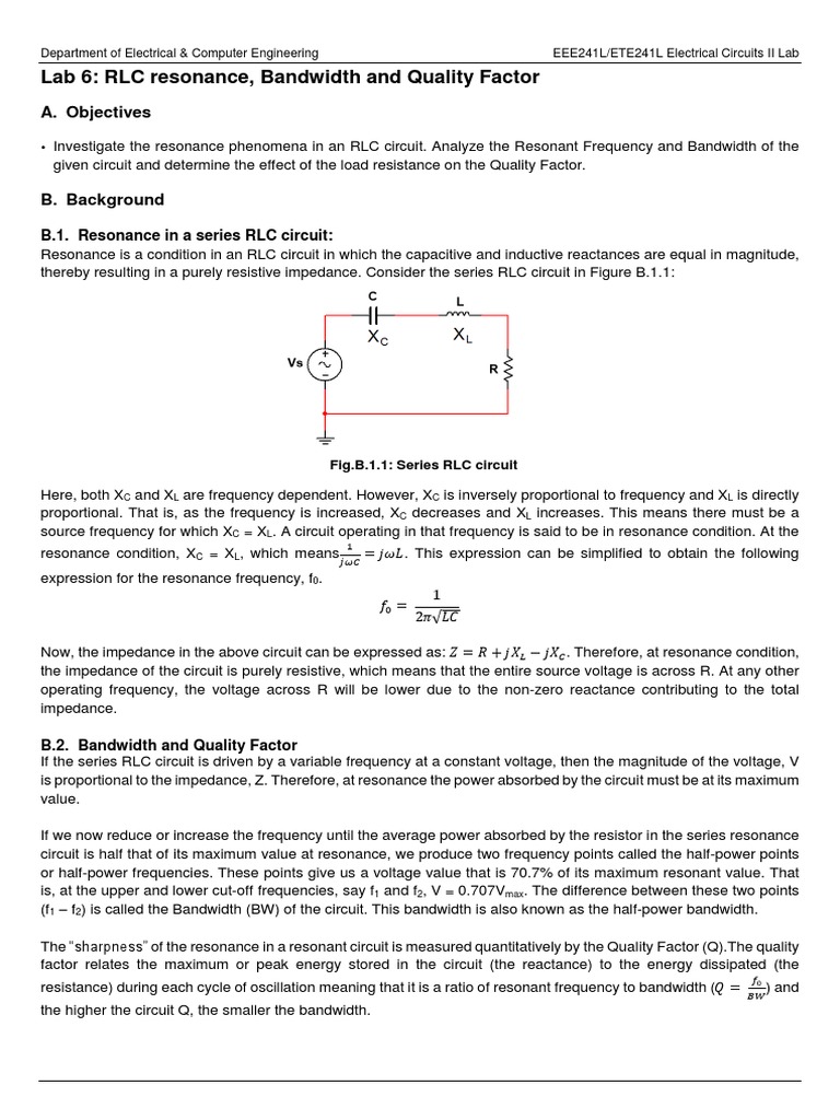 EEE241L - Lab 6 - RLC Resonance | PDF | Resonance | Electrical Network