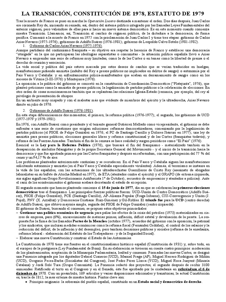 La Transición La Constitución De 1978 Y El Estatuto De 1979 Pdf