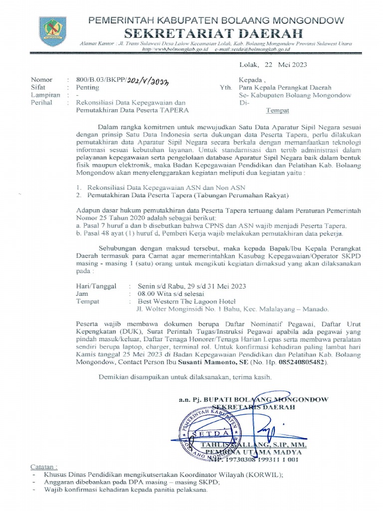 Undangan Rekonsiliasi Data Kepegawaian Dan Data Peserta TAPERA | PDF