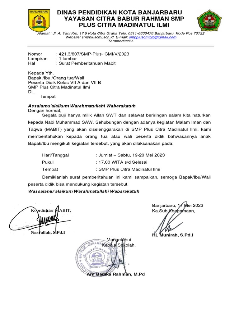 Pemberitahuan Kegiatan MABIT SMP Plus CMI | PDF