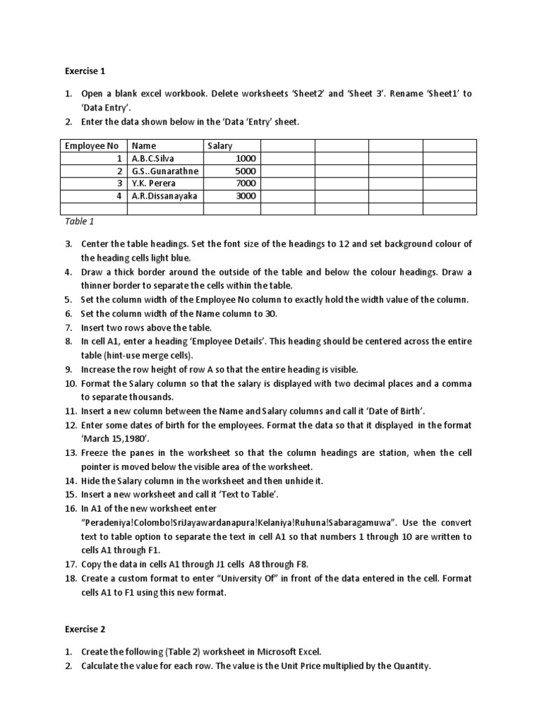 Excel Exercises Pdf Microsoft Excel Computing 