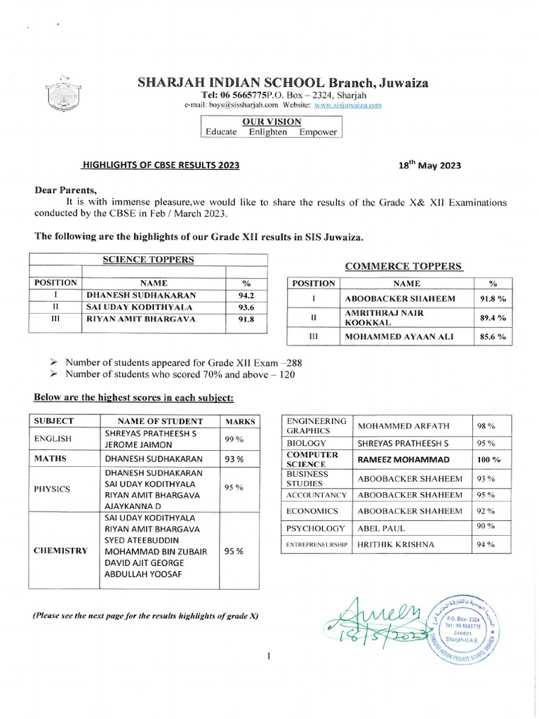 Highlights of Cbse Results Grade X & Xii | PDF
