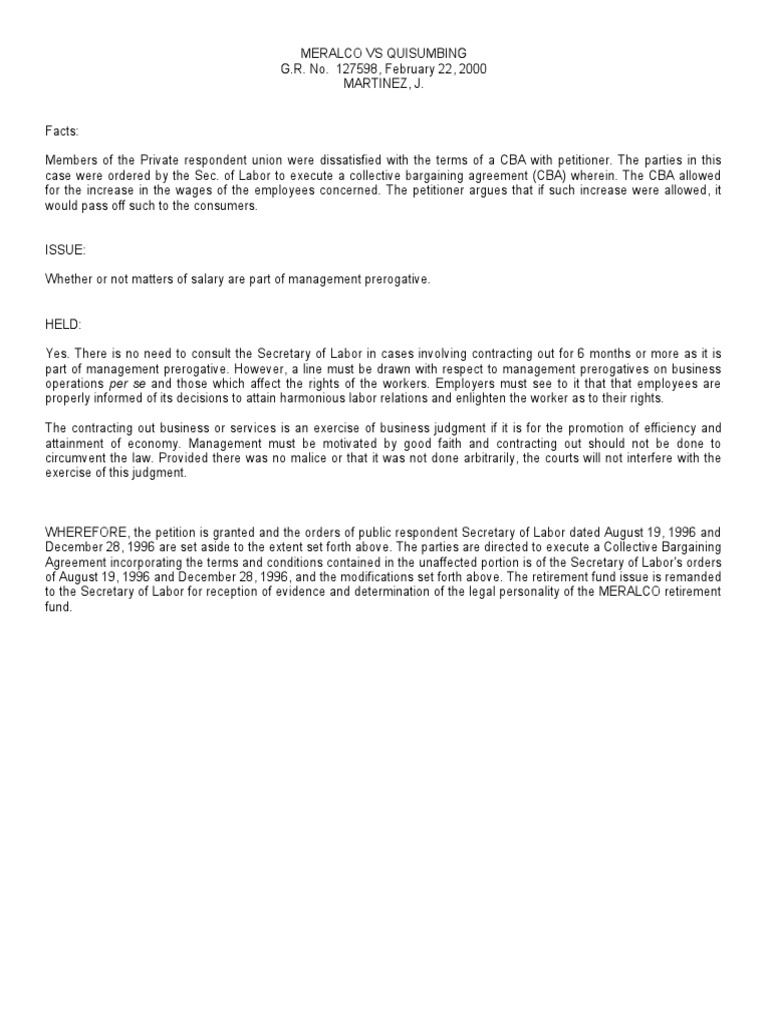 MERALCO vs. Quisumbing: CBA Dispute Ruling | PDF | Finance & Money Management