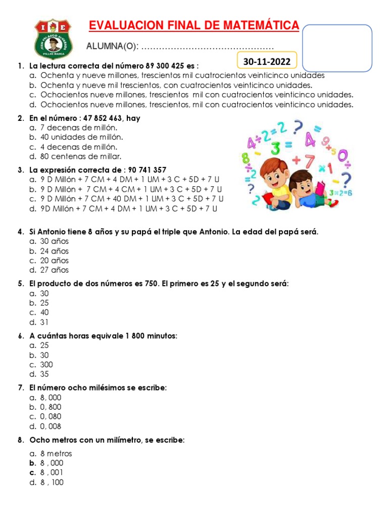 Prueba Final de Matemática | PDF | Métodos y materiales de enseñanza