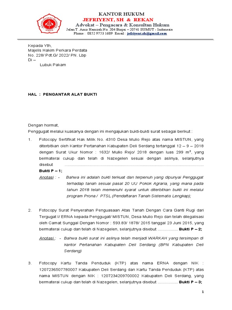 Pengantar Bukti Penggugat 228 | PDF