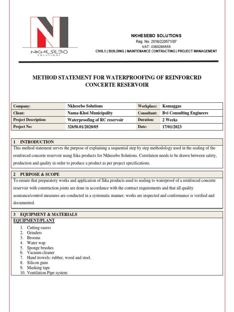 Method Statement For Waterproofing of Reinforced Concrete Reservoir ...