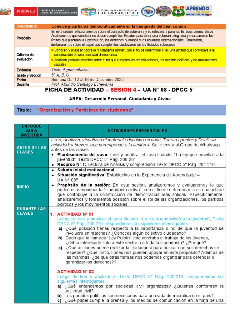 Ficha Act - S4 - UA 08 - DPCC 5° | PDF | Democracia | Ideologías políticas