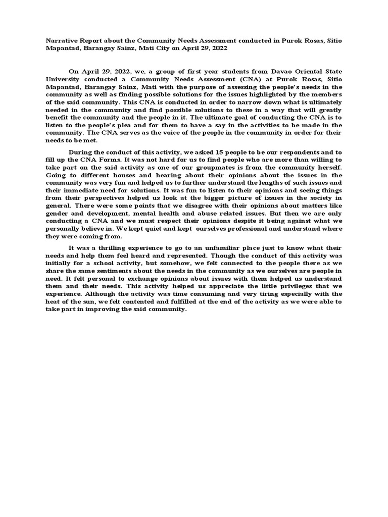 Narrative Report About The Community Needs Assessment Conducted in ...