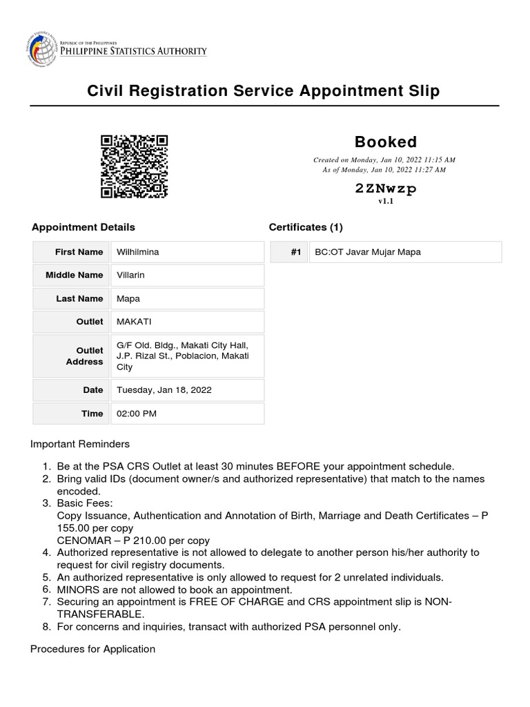 Civil Registration Service Appointment Slip: 2Znwzp | PDF
