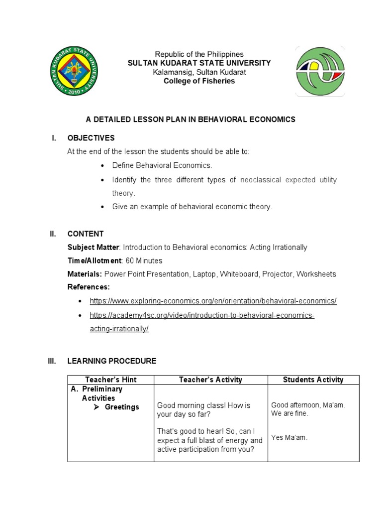 A Detailed Lesson Plan in Behavioral Economics | Download Free PDF ...