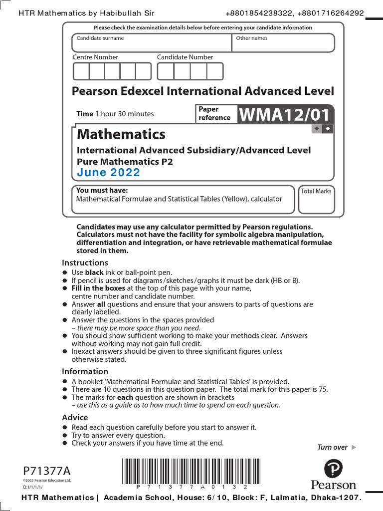 Edexcel IAL Pure Mathematics P2 June 2022 Wma12-01-Que-20220520 | PDF ...