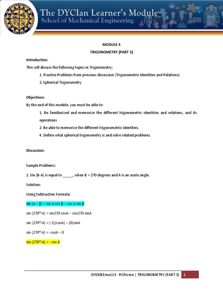 Module 5 Engg Math Trigonometry Part 3 Pdf Trigonometric Functions Trigonometry