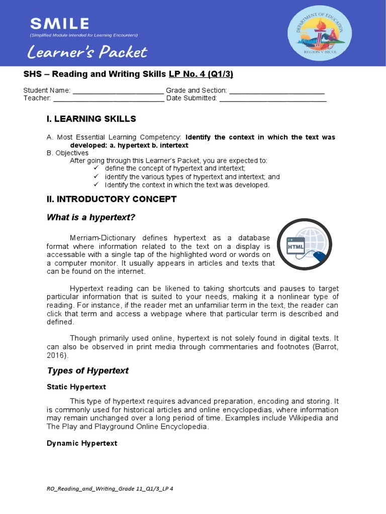 SMILE Reading and Writing Q1 LP4INTERTEXTHYPERTEXT | PDF | Intertextuality
