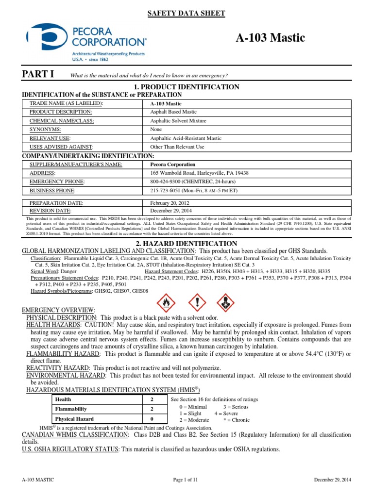 Pecora Corporation a 103 Mastic | PDF | Occupational Safety And Health ...