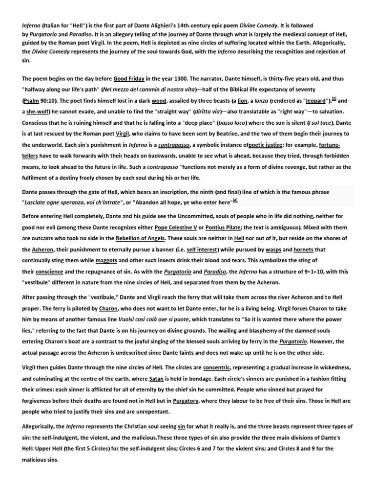 Inferno (Italian For "Hell") Is The First Part of Dante Alighieri's ...