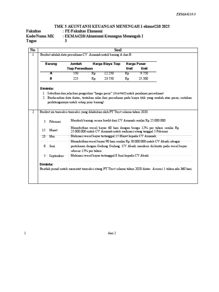 TMK 3 Akuntansi Keuangan Menengah 1 Ekma4210 2023 | PDF | Bisnis