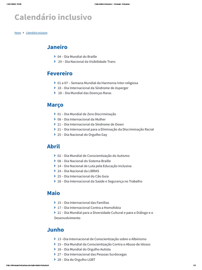 Calendário Inclusivo - Innovare Inclusiva | Download grátis PDF ...