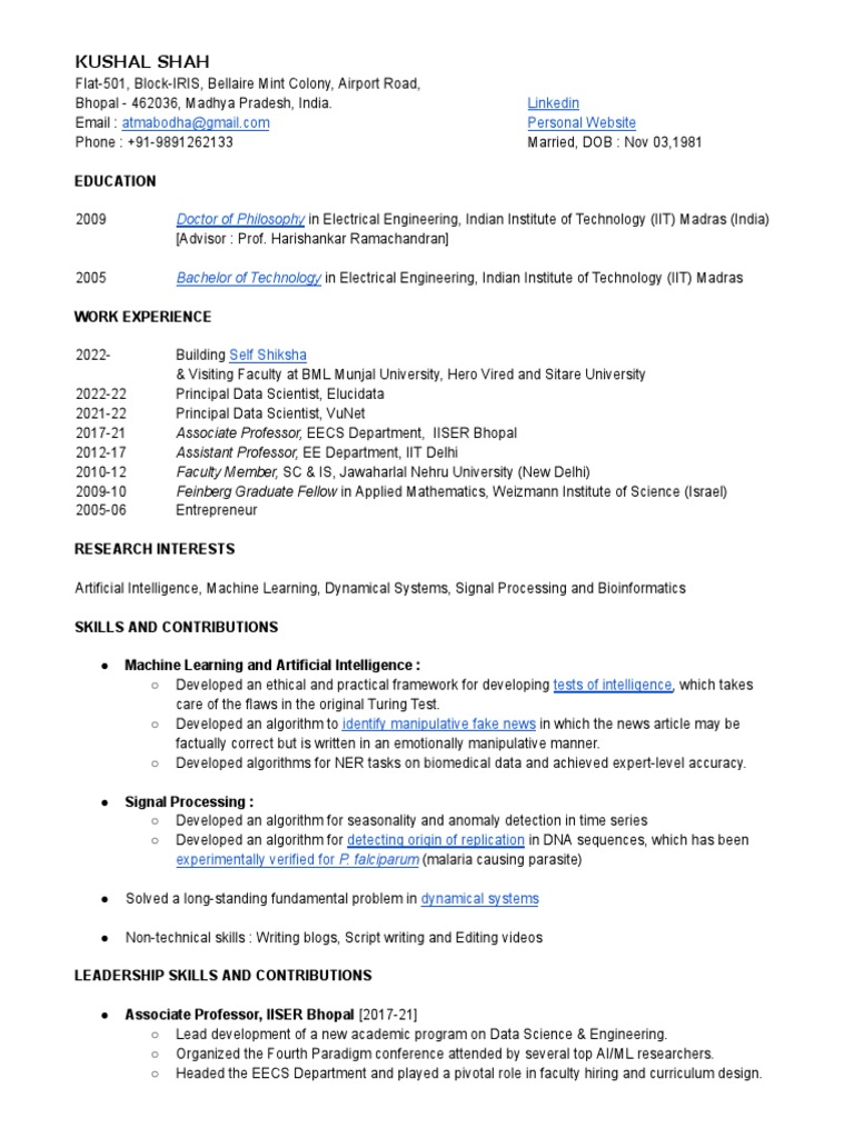KushalShah CV Detailed | PDF | Science | Physics
