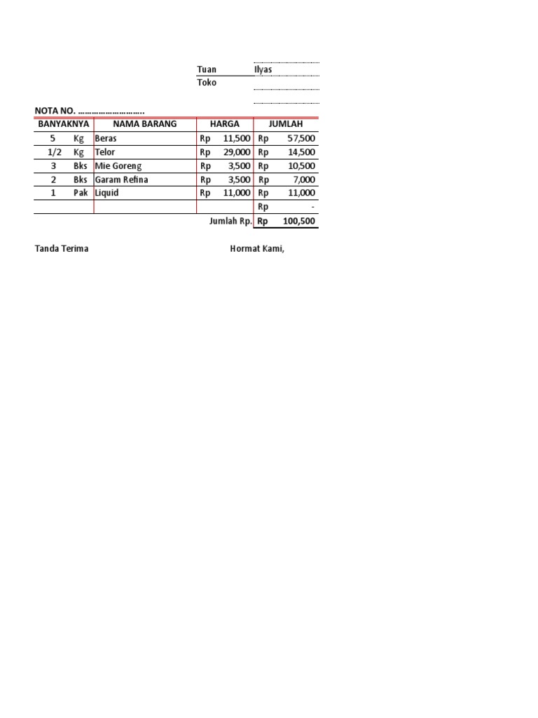 Nota Kontan Ilyas | PDF | Memasak, Makanan, & Anggur