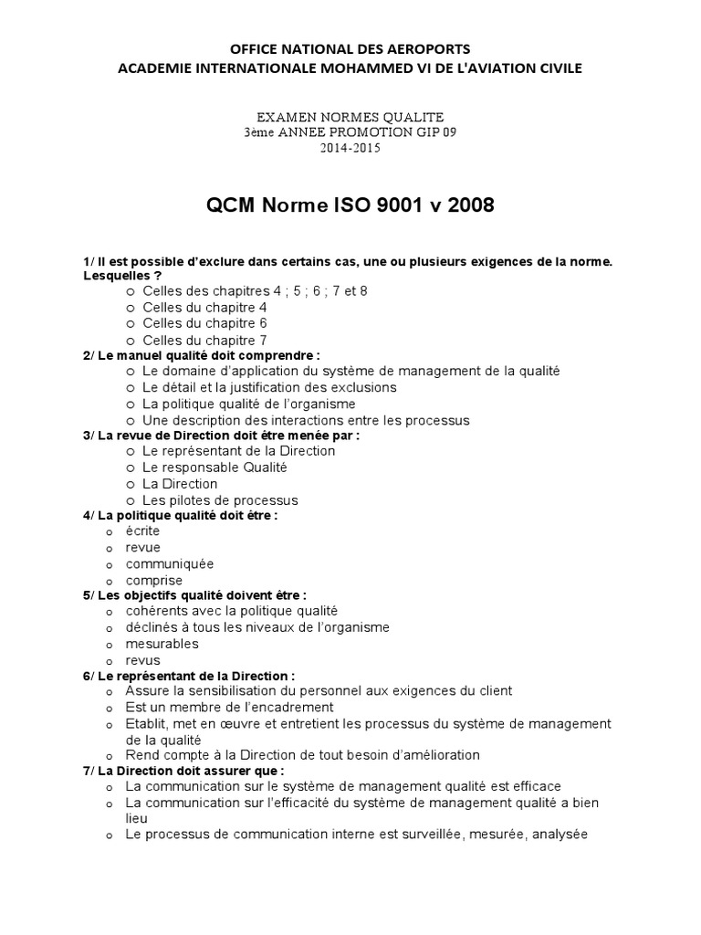 QCM ISO 9001: Normes de Qualité 2015 | PDF | Management de la qualité ...