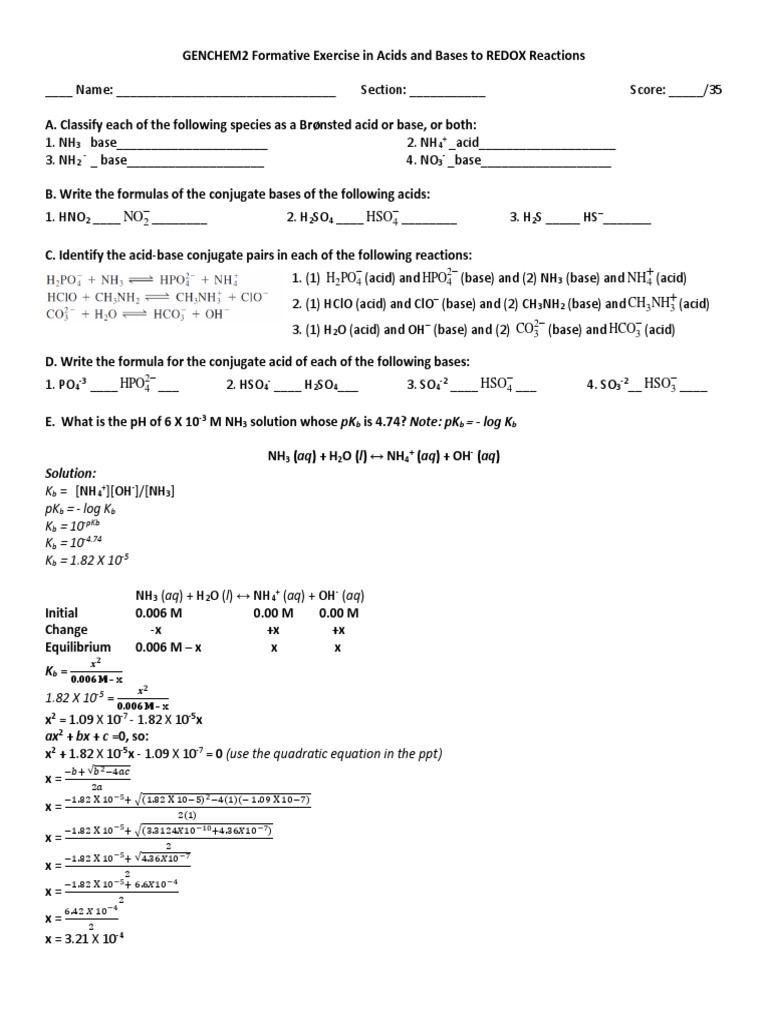Acids, Bases and Buffers Exercise HA 2021 Key | PDF | Acid | Ph
